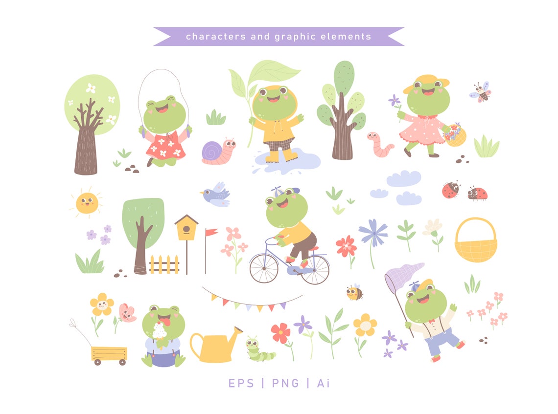 Frogs Digital Clipart Set, Cute Frogs, Insects, and Flowers PNG, Spring ...