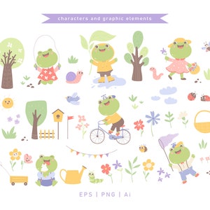 Frogs Digital Clipart Set, Cute Frogs, Insects, and Flowers PNG, Spring ...