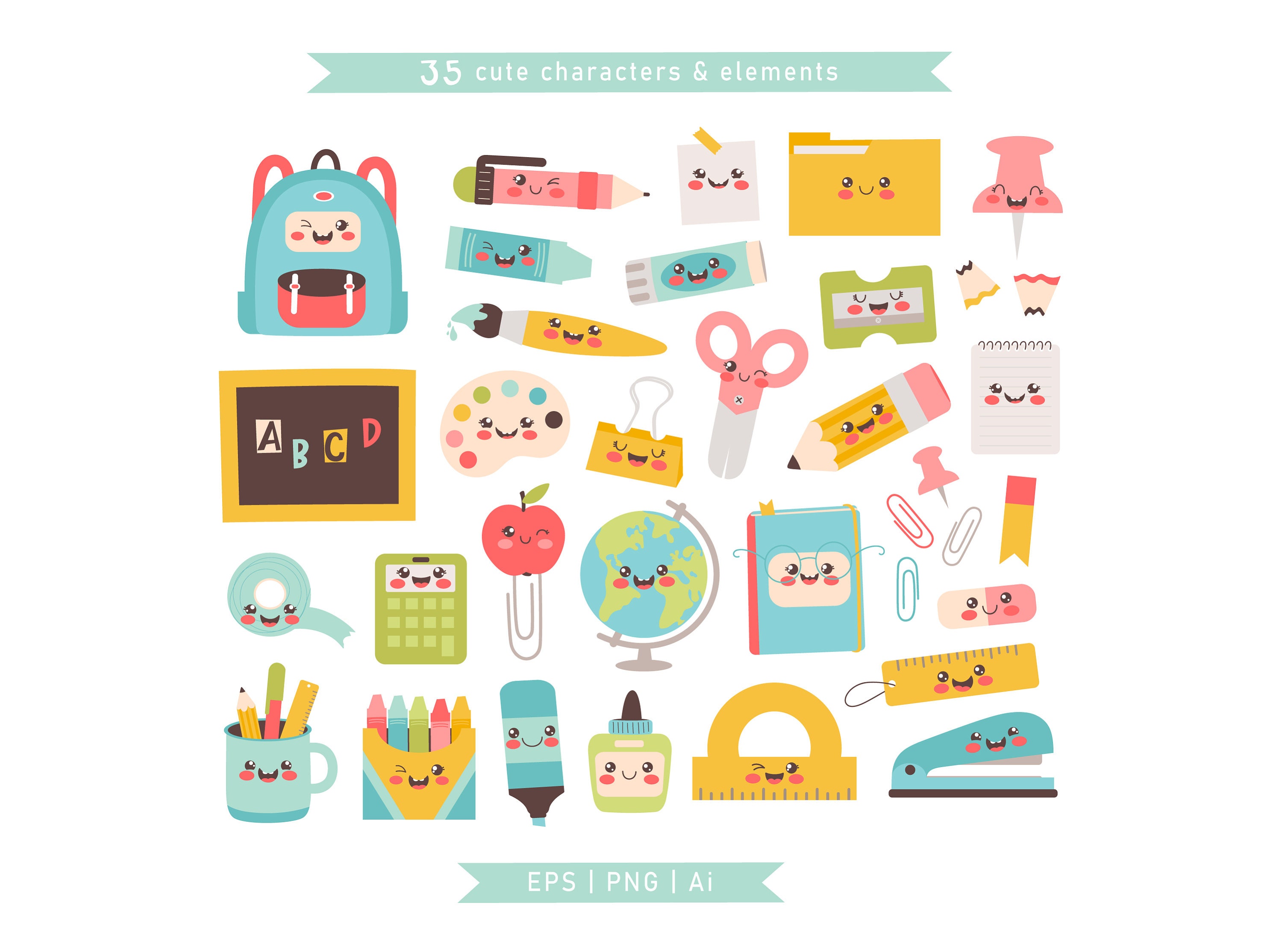 Back to School PNG Clipart Bundle, 35 School Supplies Digital Clipart ...