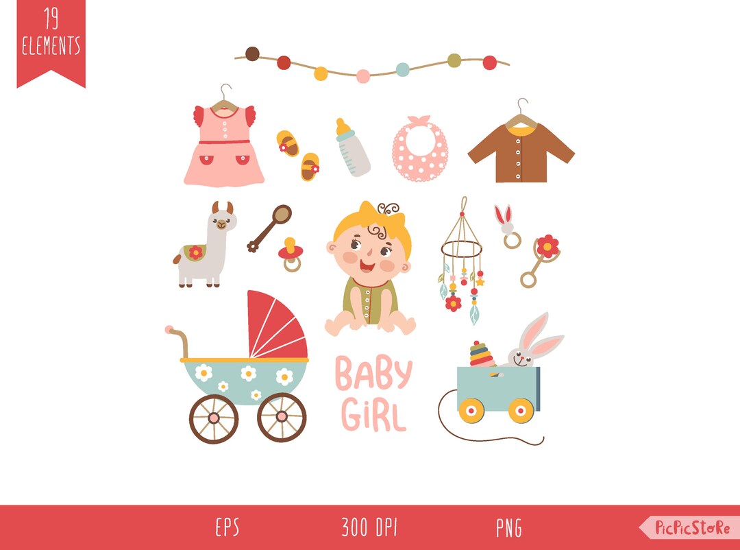 Baby Girl Clipart for Instant Download, Digital Baby Shower Set ...