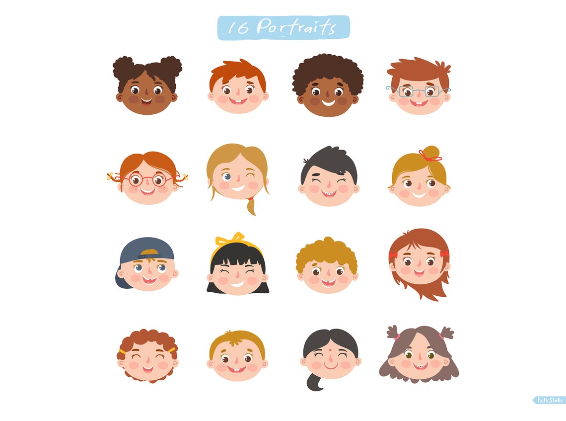 Cute Kids Digital Clipart, Happy Kids Faces Clipart, Cartoon Portrait ...