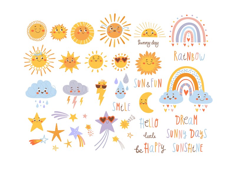 Kawaii Weather Clipart for Kids, Sun and Moon, Cloud, Rainbow, Cute ...