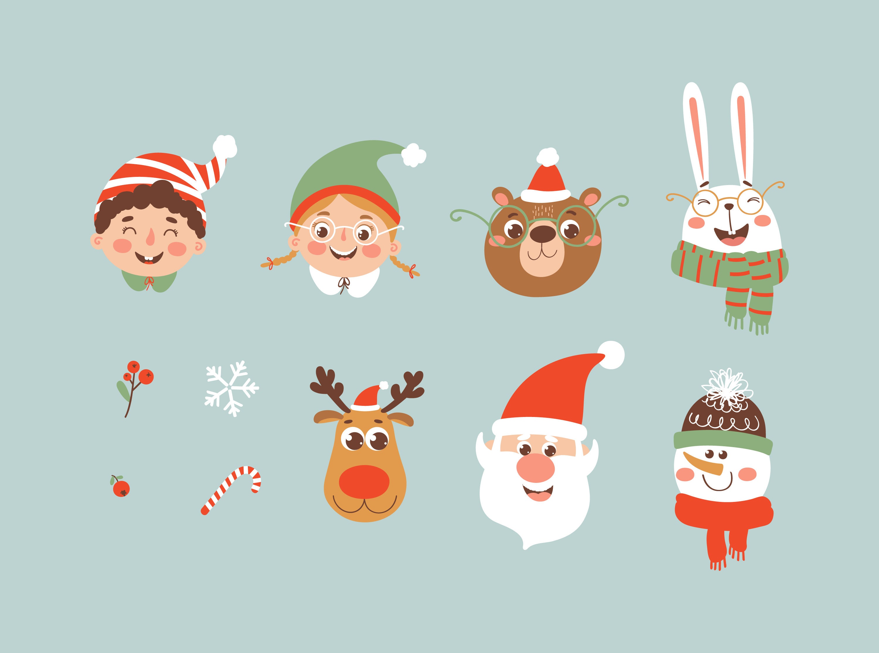 Christmas Clipart Set Santa Head PNG Winter Animals - Etsy