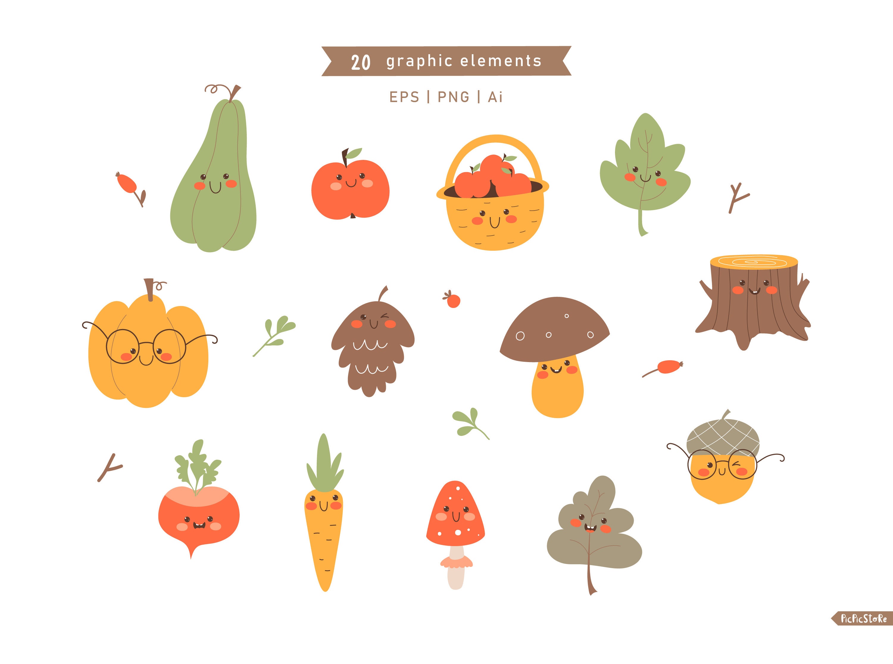 Fall PNG Clipart Bundle, Cute Character Design - Pumpkin PNG, Acorn ...