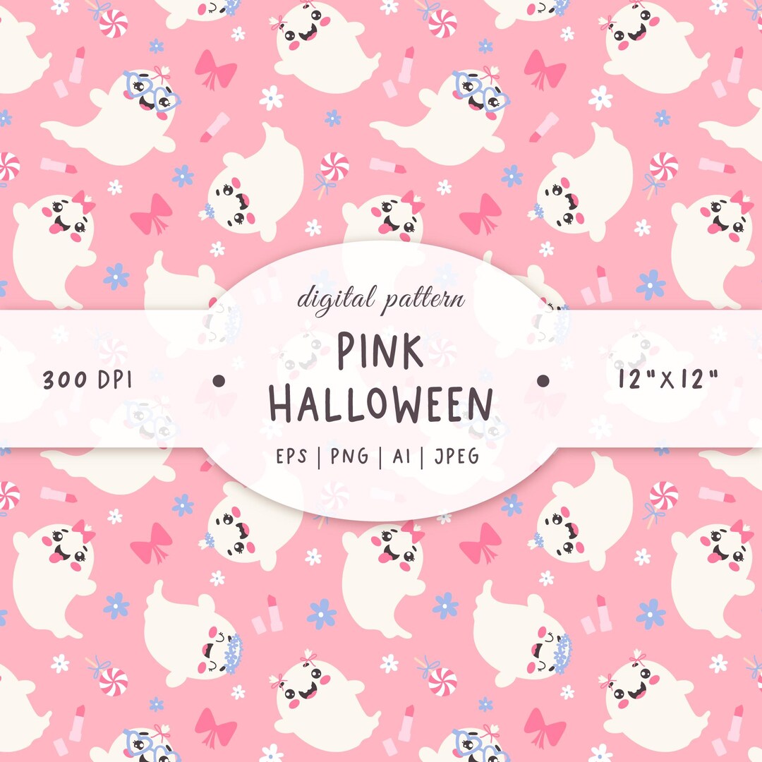 Pink Halloween Ghost Seamless Pattern, Coquette PNG Girly Halloween ...