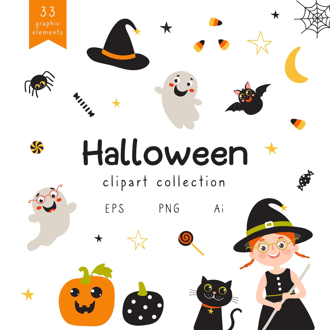 Spooky Halloween Clip Art Set, Witch Hat, Witch, Black Cat, Ghost, Bat ...