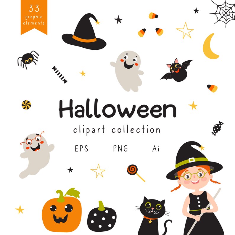 Spooky Halloween Clip Art Set, Witch Hat, Witch, Black Cat, Ghost, Bat ...