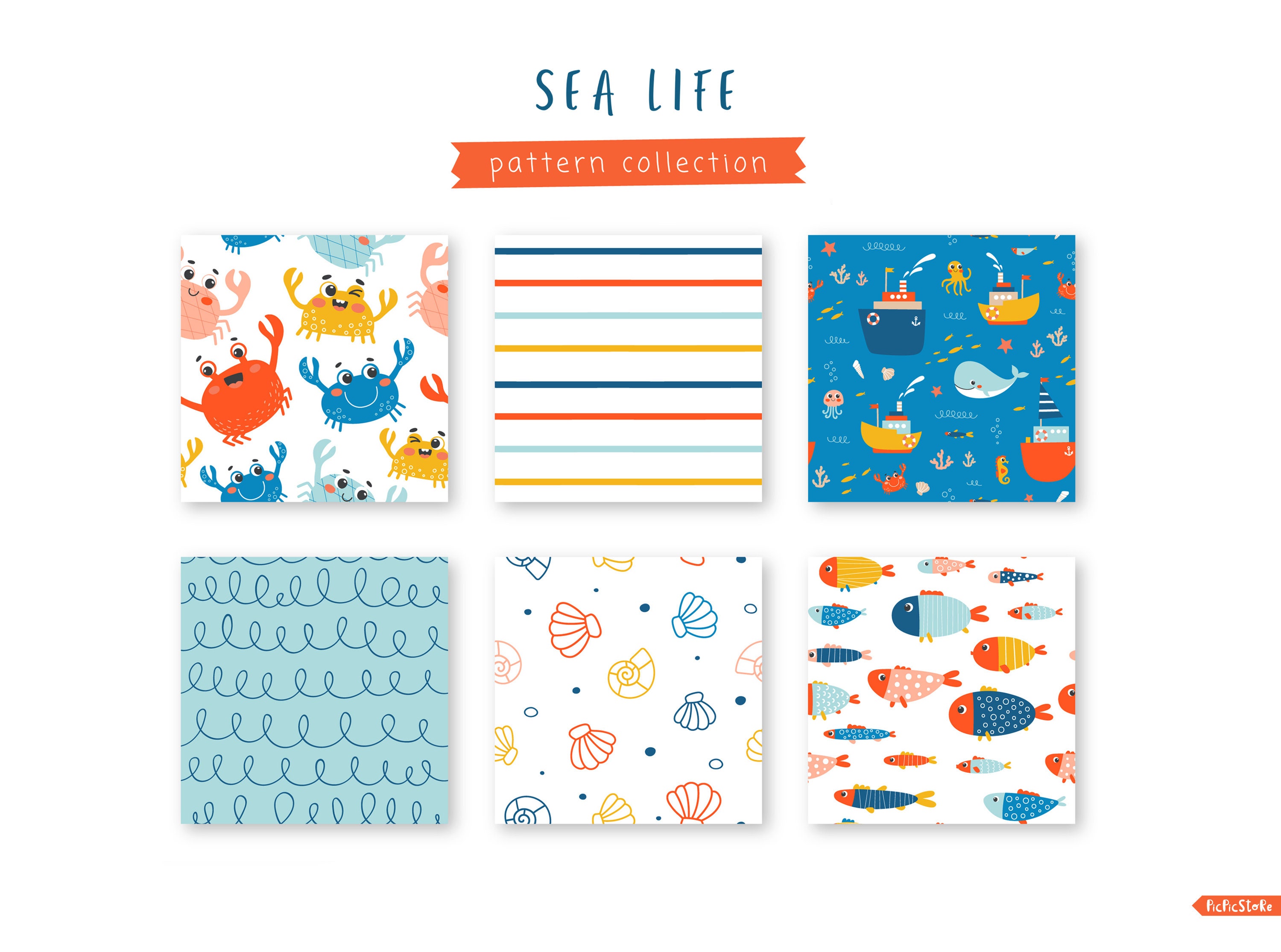 Colorful Sea Life Seamless Patterns, Nautical Digital Papers With Crabs ...