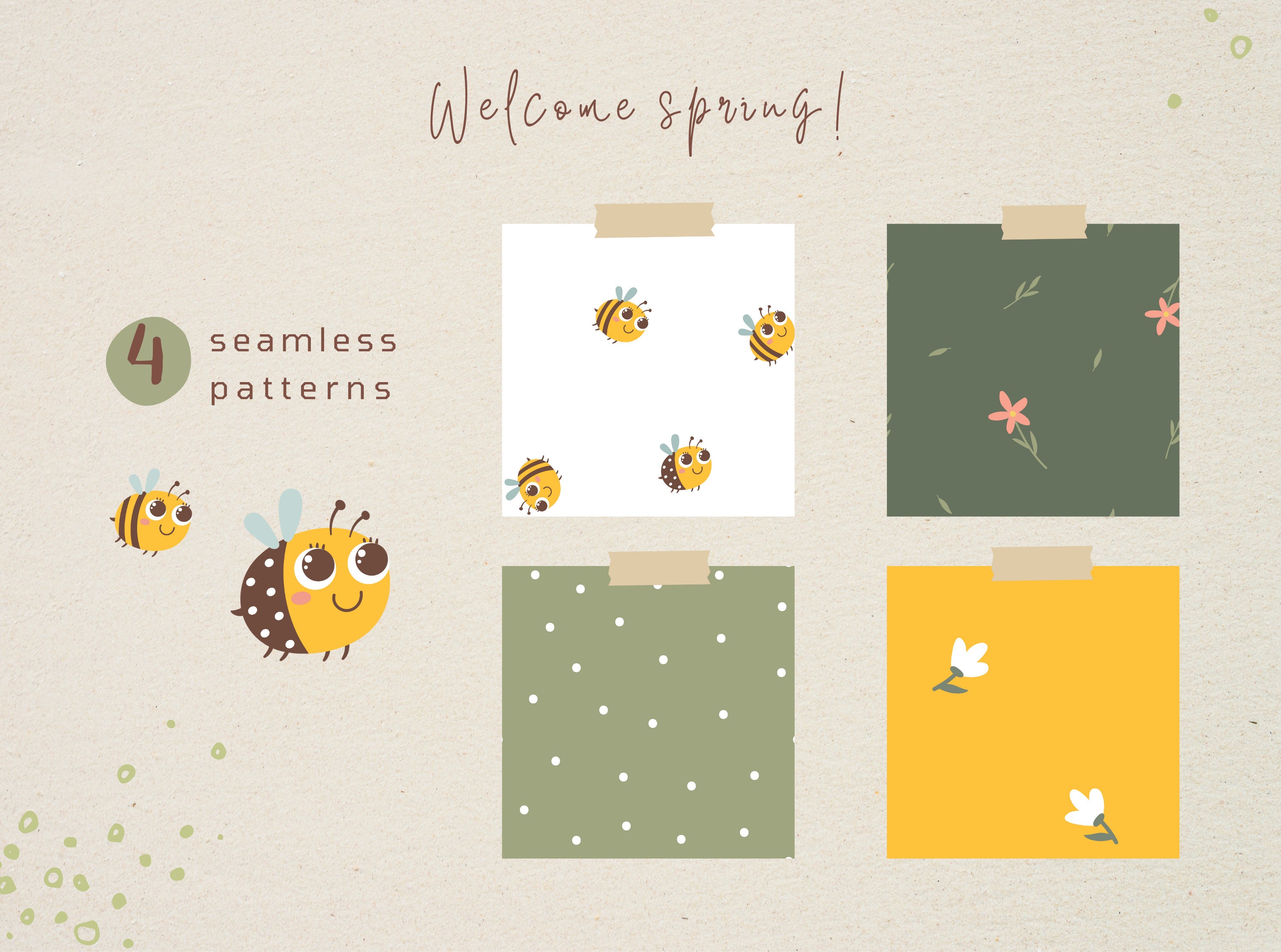 Honey Bee and Flower Patterns, Seamless Spring Floral Pattern Set ...