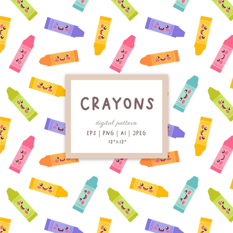 Crayon Digital Paper, Back to School Seamless Pattern, School Supplies ...