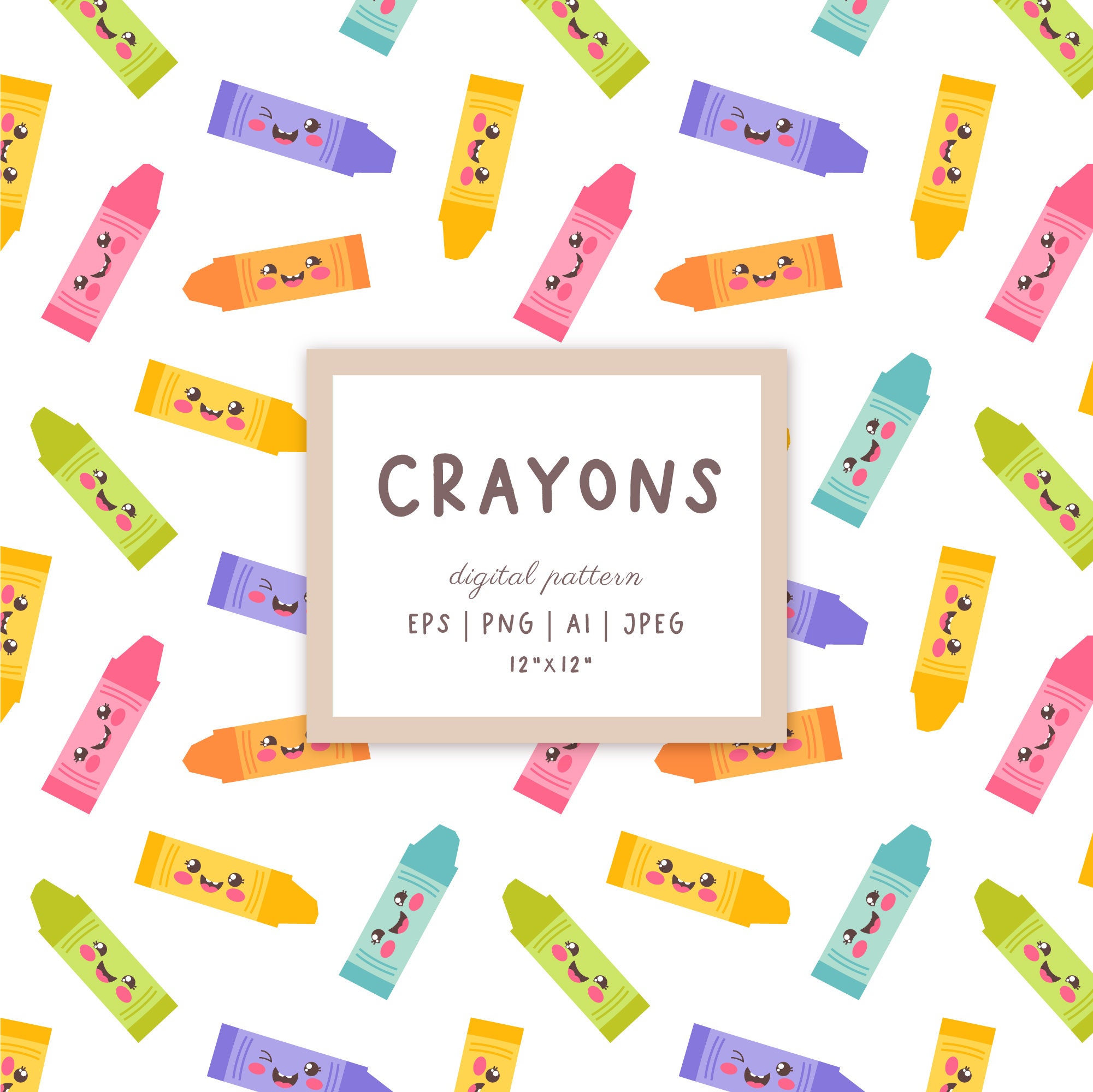 Crayon Digital Paper, Back to School Seamless Pattern, School Supplies ...