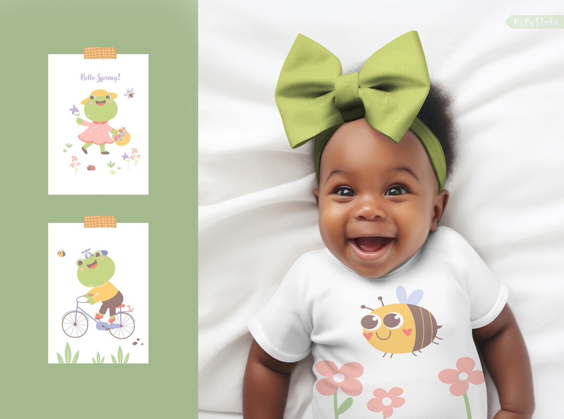 Frogs Digital Clipart Set, Cute Frogs, Insects, and Flowers PNG, Spring ...