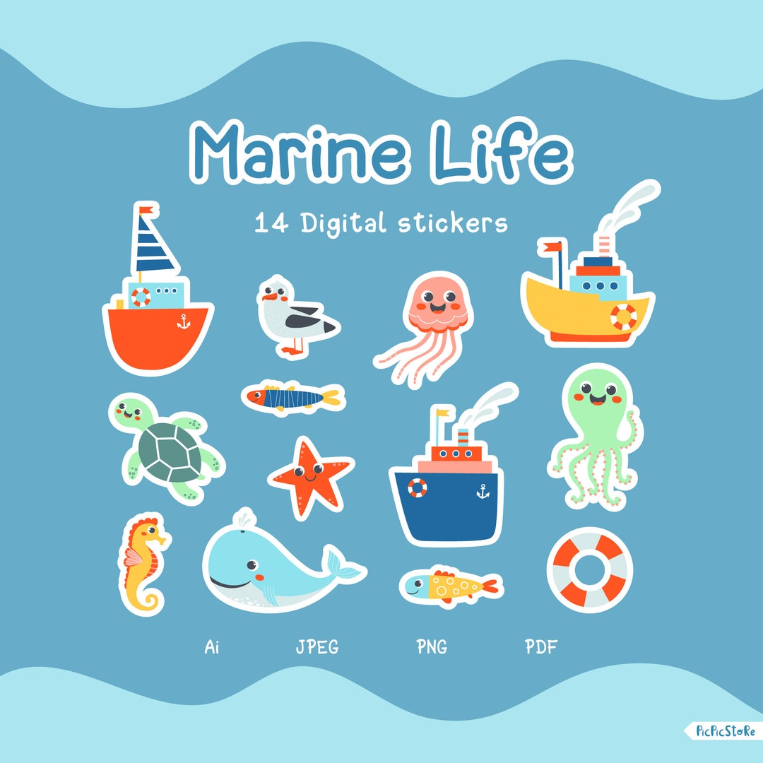 Marine Digital Stickers, Under the Sea Printable Animal Stickers ...