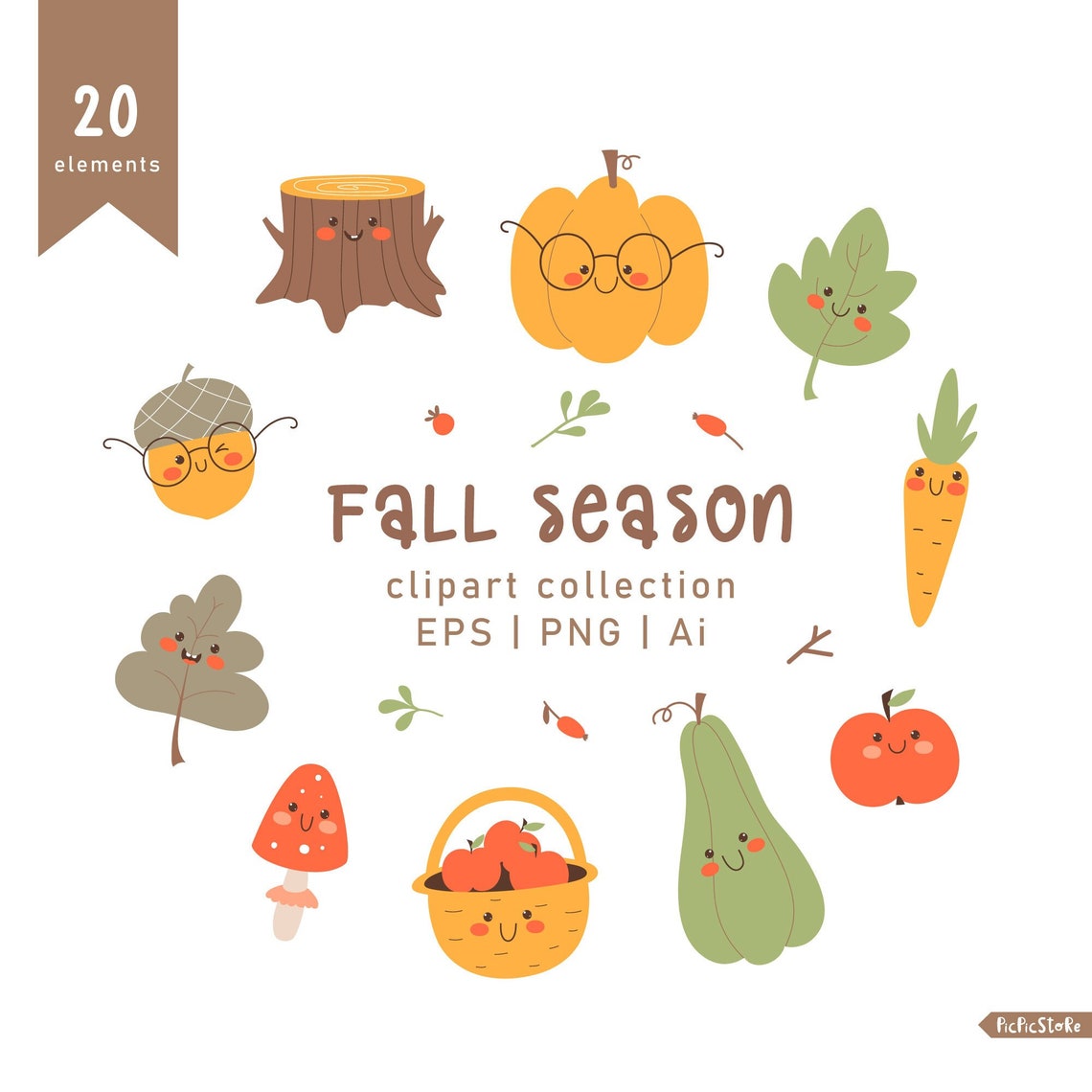 Fall PNG Clipart Bundle, Cute Character Design - Pumpkin PNG, Acorn ...