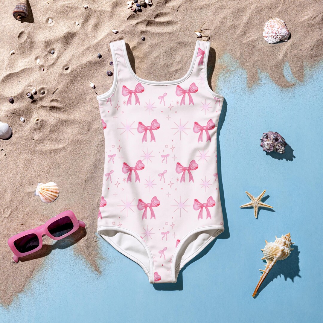 Bows Coquette One Piece Swimsuit for Girls - Blue Pink Kids Summer ...