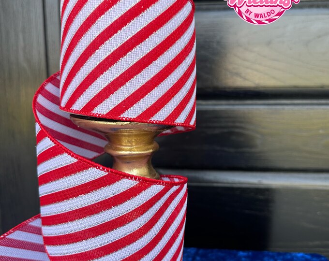 4 Inch 10 Yd Red White Stripe Ribbon, Farrisilk Wired Ribbon, Designer ...