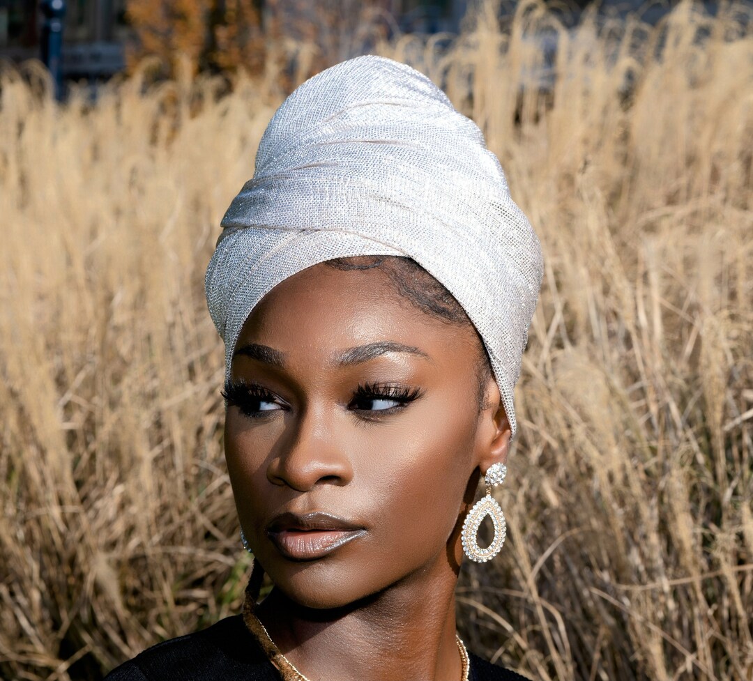 METALLIC Silver & Cream Headwrap/ Stretchy Headwear/ Headtie/ Chemo Turban/ Long Shawl/ Mother's ...