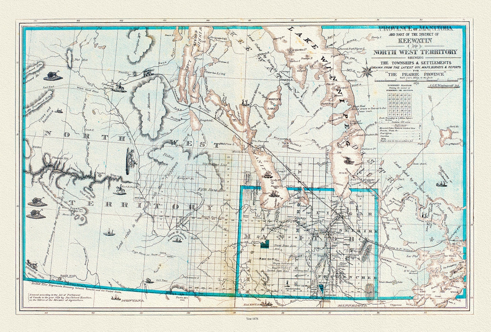 Province of Manitoba District of Keewatin, 1878, , Map on Heavy Cotton ...