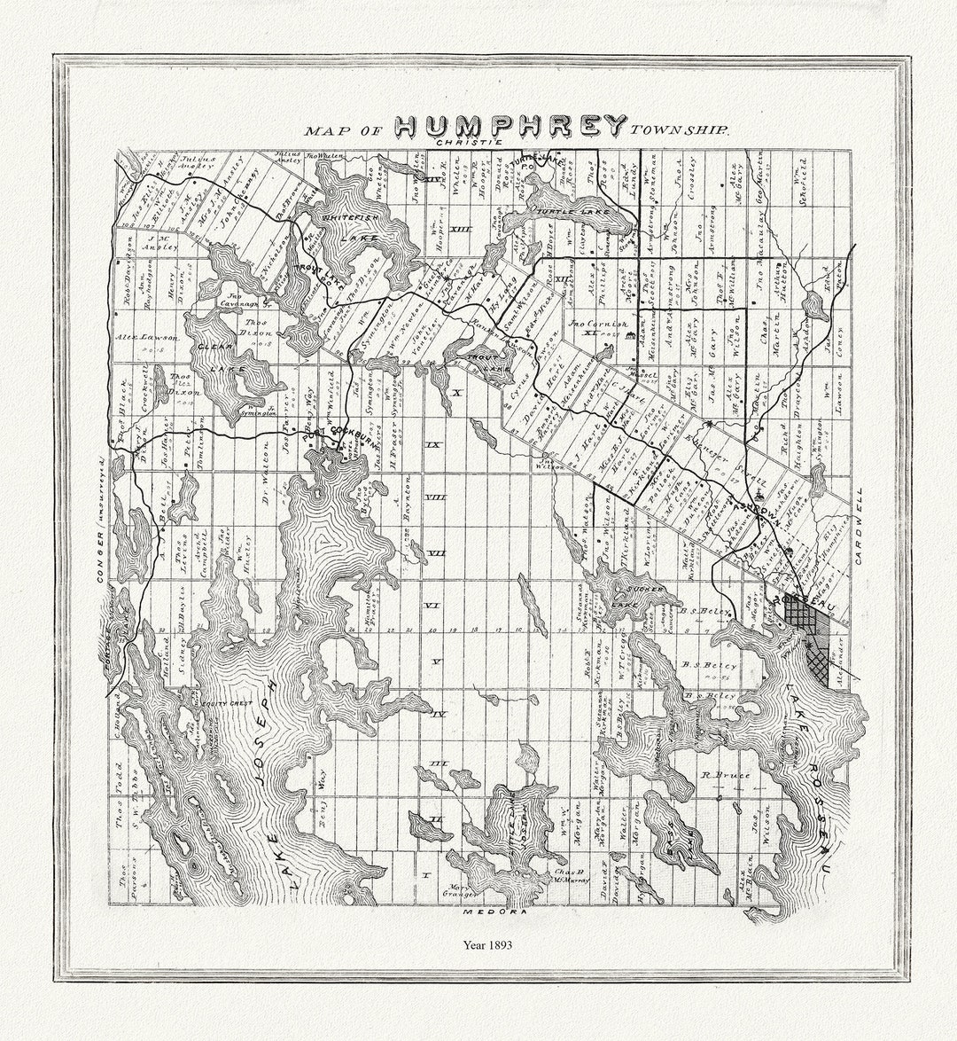 Muskoka-haliburton, Humphrey Township, 1893 , Map on Heavy Cotton ...