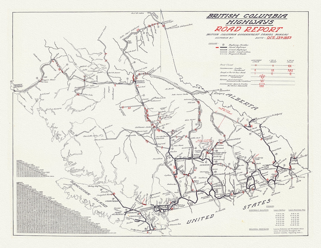 BC Highways Road Report, 1953, Map on Durable Cotton Canvas, 50 X 70 Cm ...