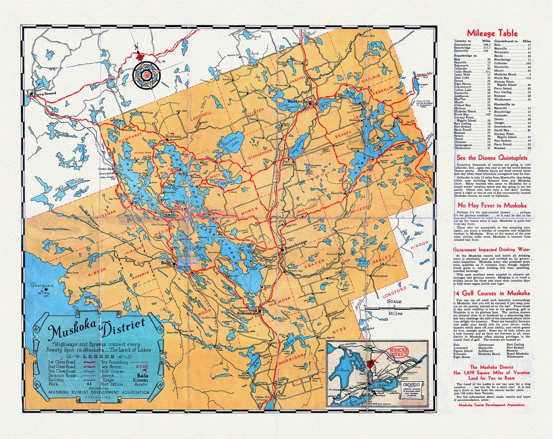 Road Map, Muskoka District, Ontario, 1936, on Heavy Cotton Canvas ...