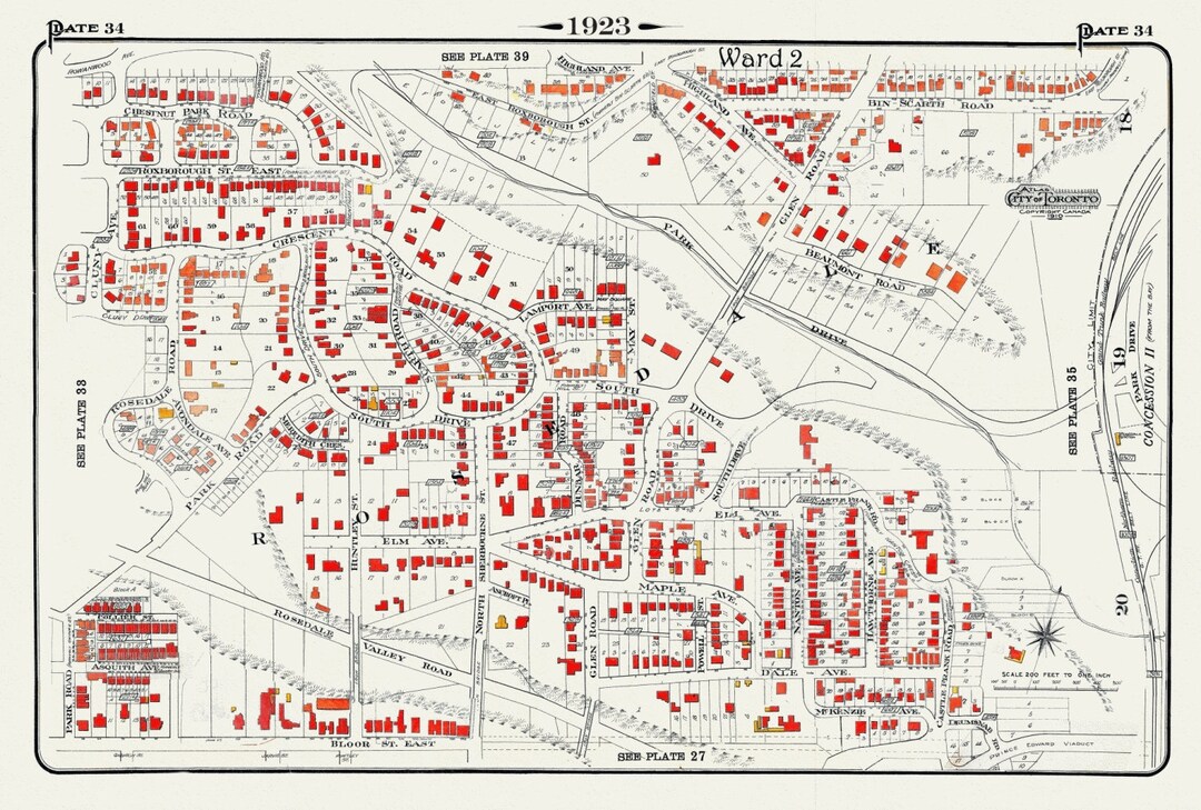 Plate 34, Toronto Uptown, Rosedale, 1923, Map on Heavy Cotton Canvas ...