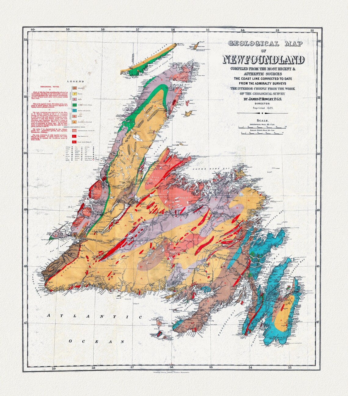A Geological Map of Newfoundland, Dated 1921, on Heavy, Clear Coated ...