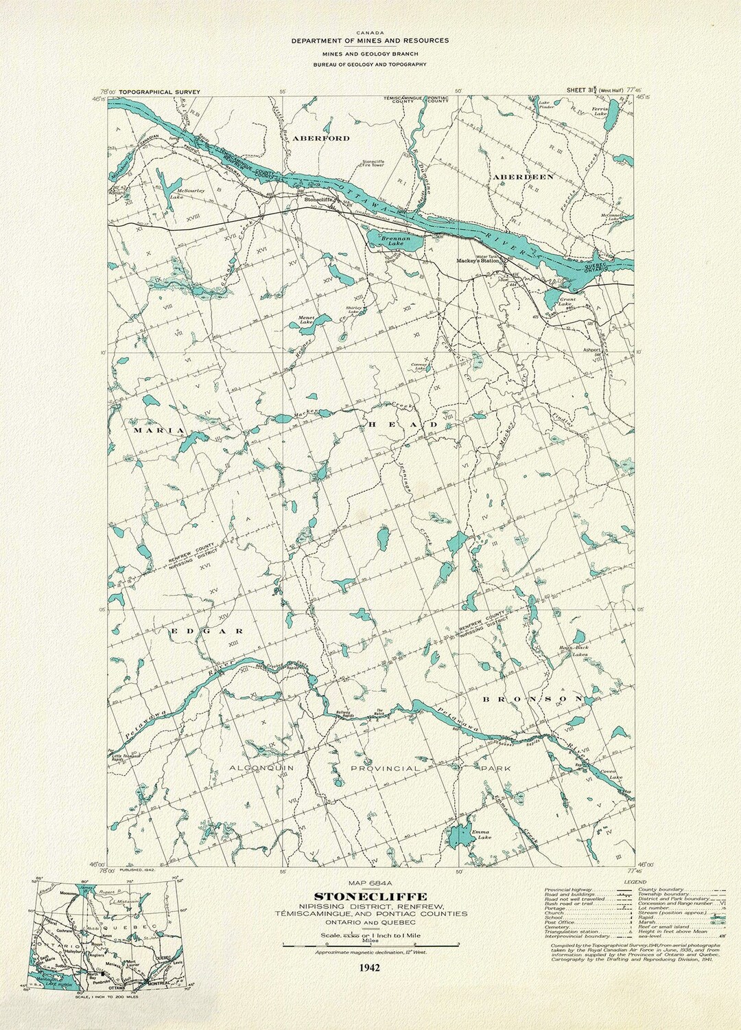 Historic Algonquin Park Map Stonecliffe national Topographic - Etsy