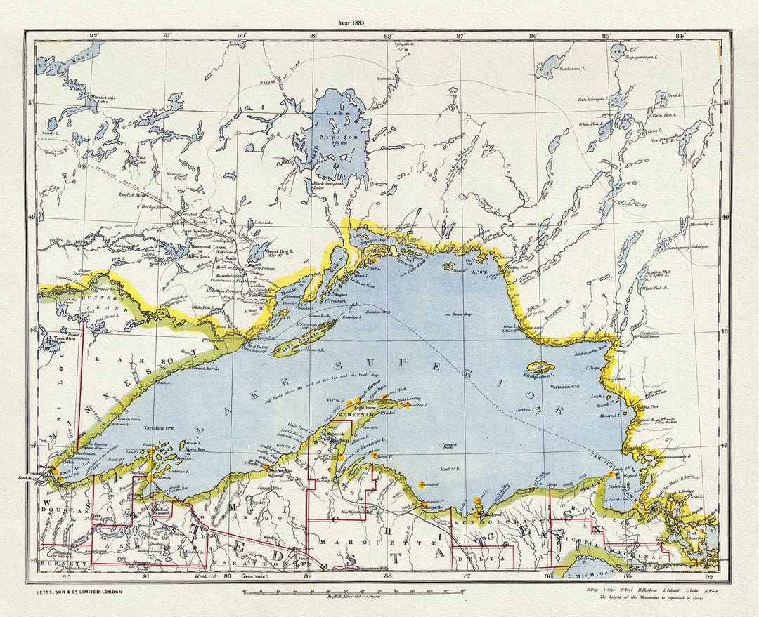 Letts, North Shore, Lake Superior, Canada,1883, Map on Heavy Cotton ...