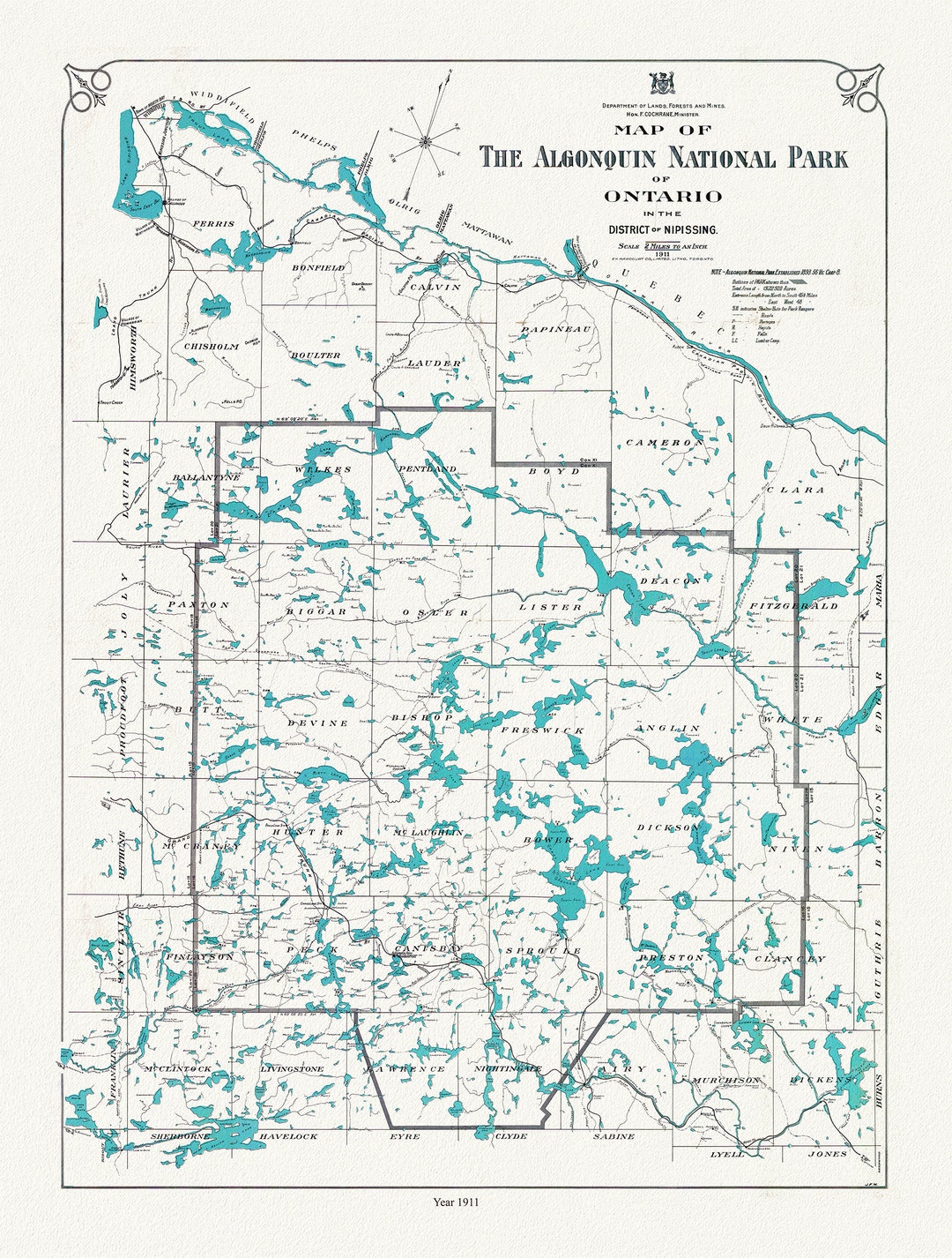 Historic Algonquin Park Map, Lands, Forests & Mines, 1911 , Map on ...
