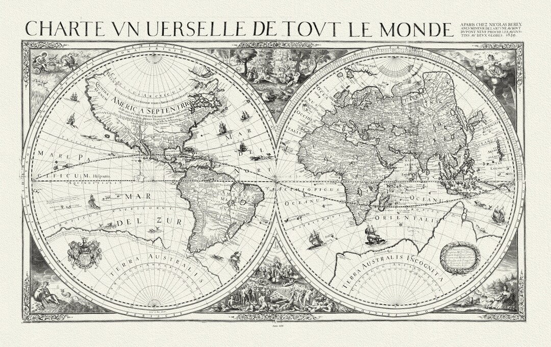 Berey, Un Charte Universelle De Tout Le Monde, 1650, Map on Heavy ...