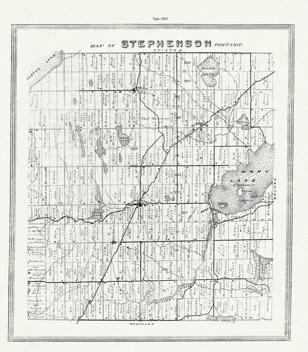 Muskoka-haliburton, Stephenson Township, 1893 , Map on Heavy Cotton ...