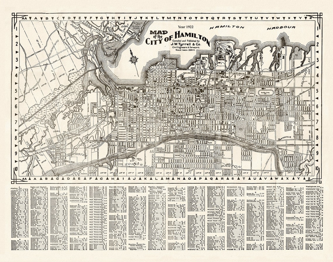 Map of the City of Hamilton, 1922, on Heavy Cotton Canvas, 22x27 Approx ...