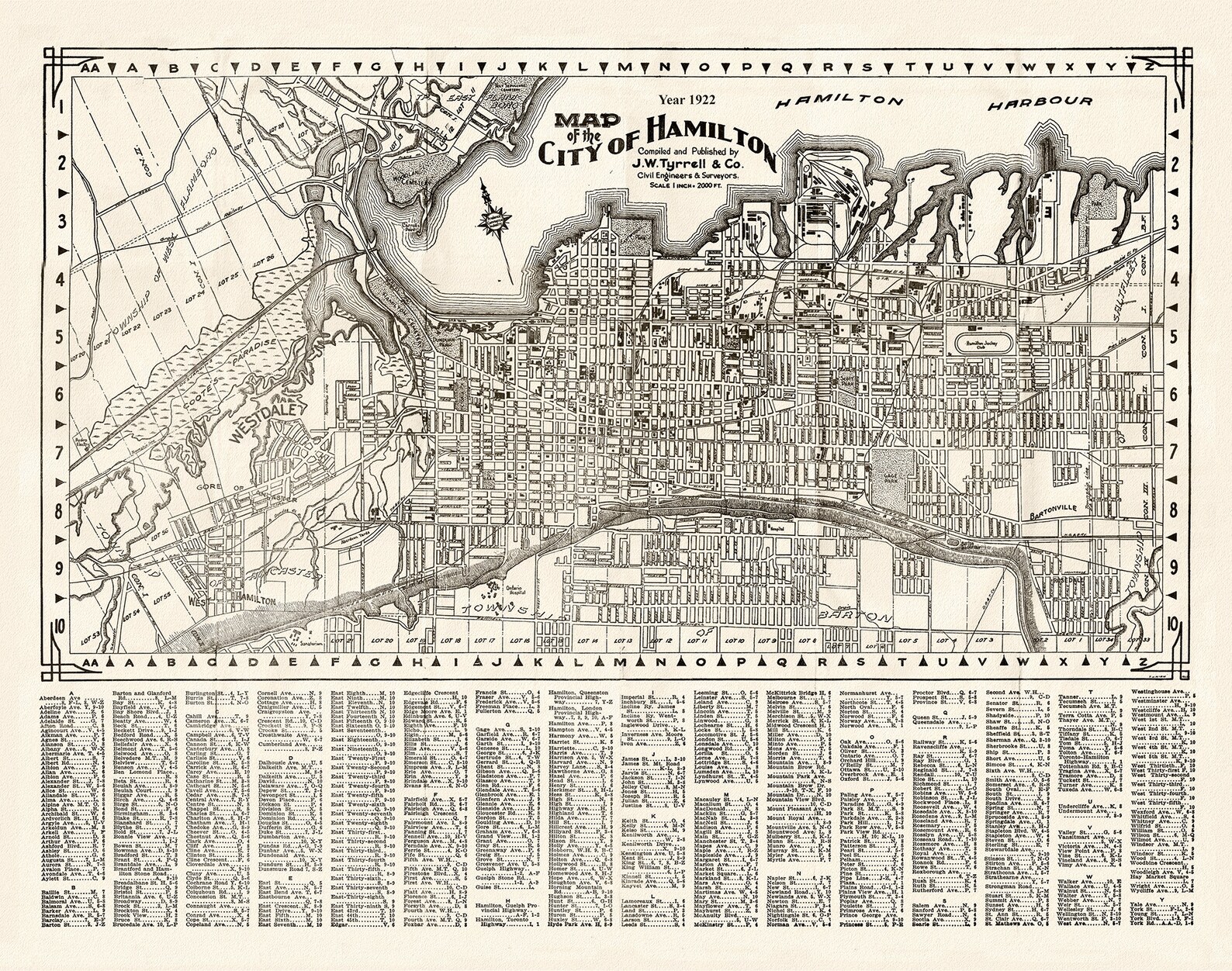 Map of the City of Hamilton, 1922, on Heavy Cotton Canvas, 22x27 Approx ...