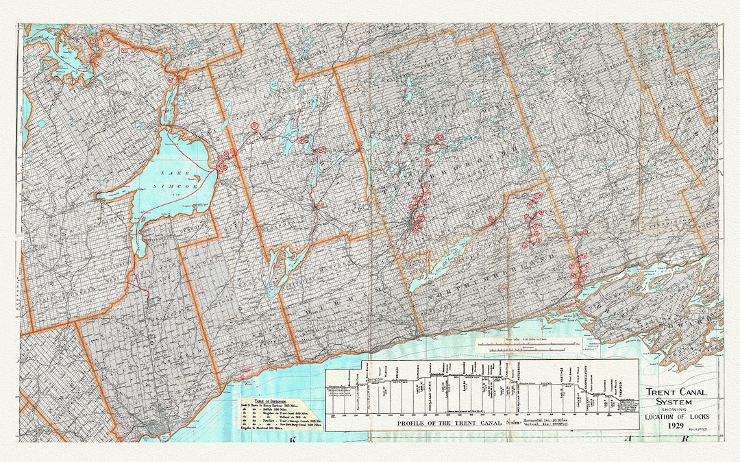 Trent Canal System Showing Location of Locks in 1929, Map on Heavy ...