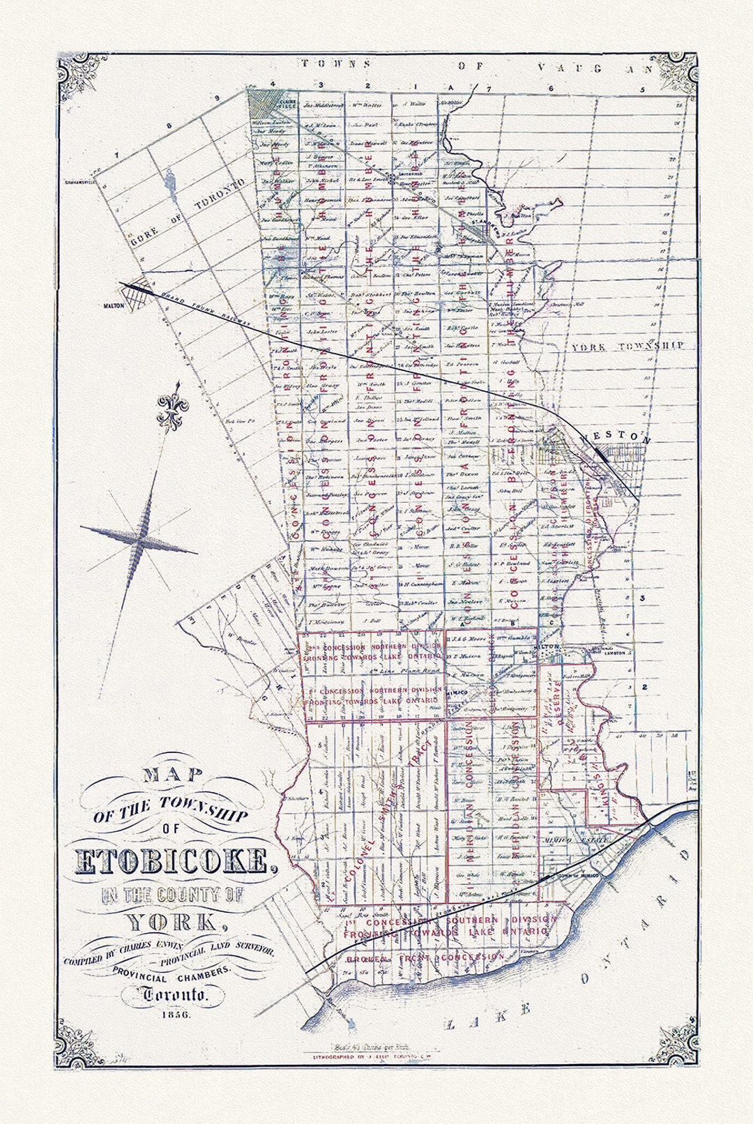 Map of the Township of Etobicoke, 1856, Map on Heavy Cotton Canvas ...