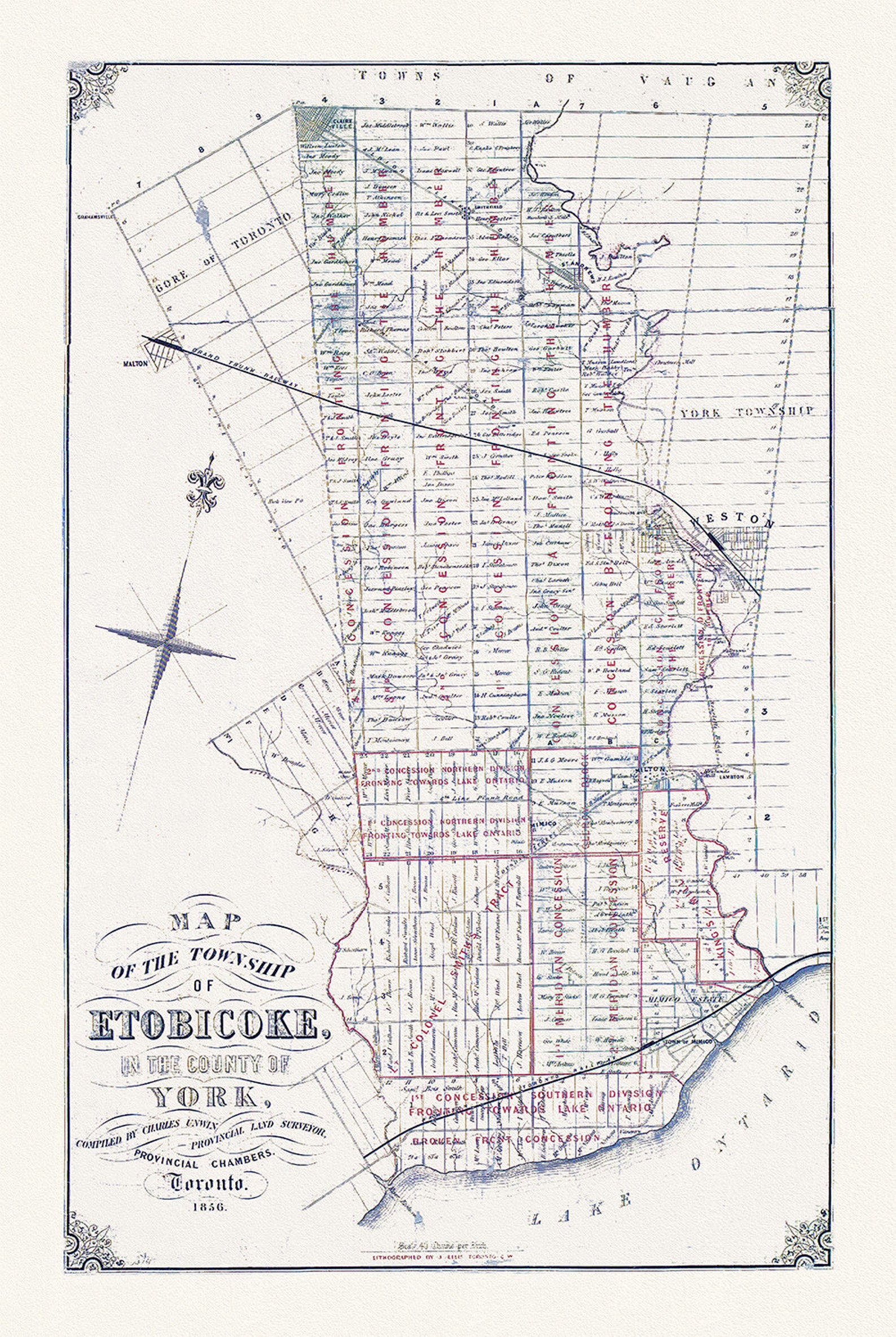Map of the Township of Etobicoke, 1856, Map on Heavy Cotton Canvas ...