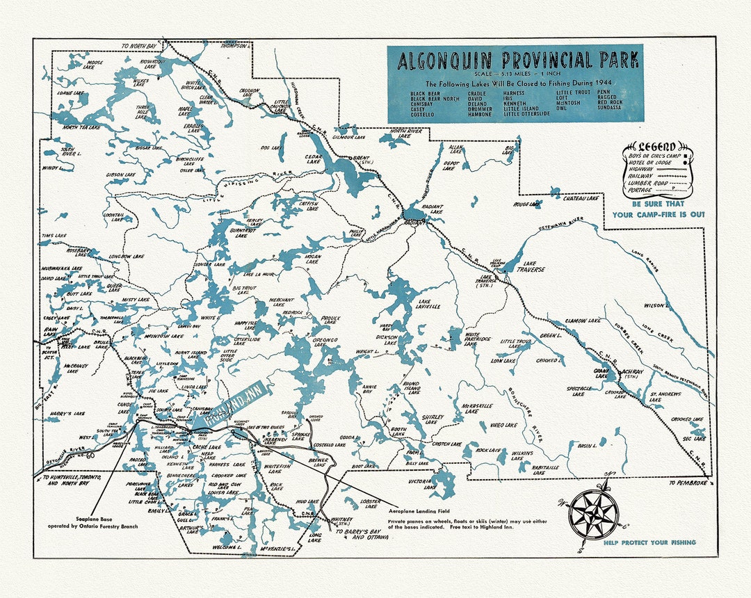 Historic Algonquin Park Map & Highland Inn, 1944, Map on Heavy Cotton ...