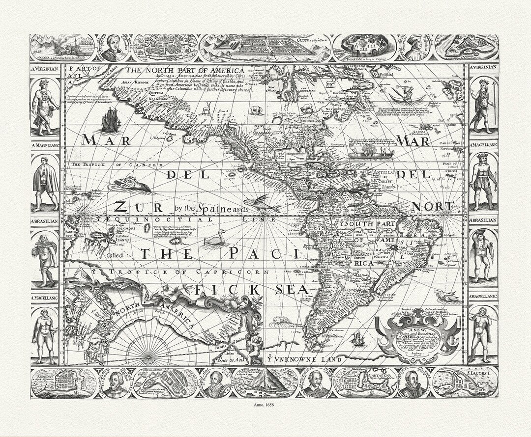 North and South America ,1658, Walton Auth. Map on Durable Cotton ...