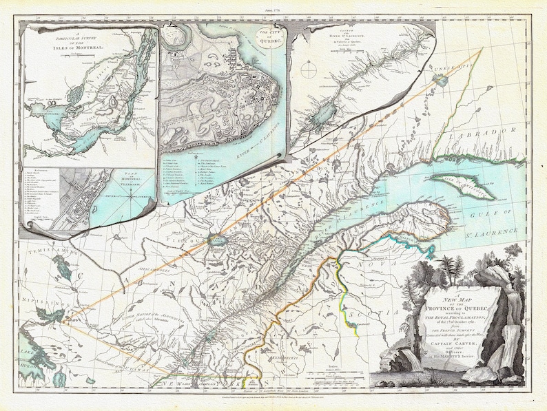 Nuevo mapa de la provincia de Quebec, 1776, Jefferys auth., mapa sobre ...