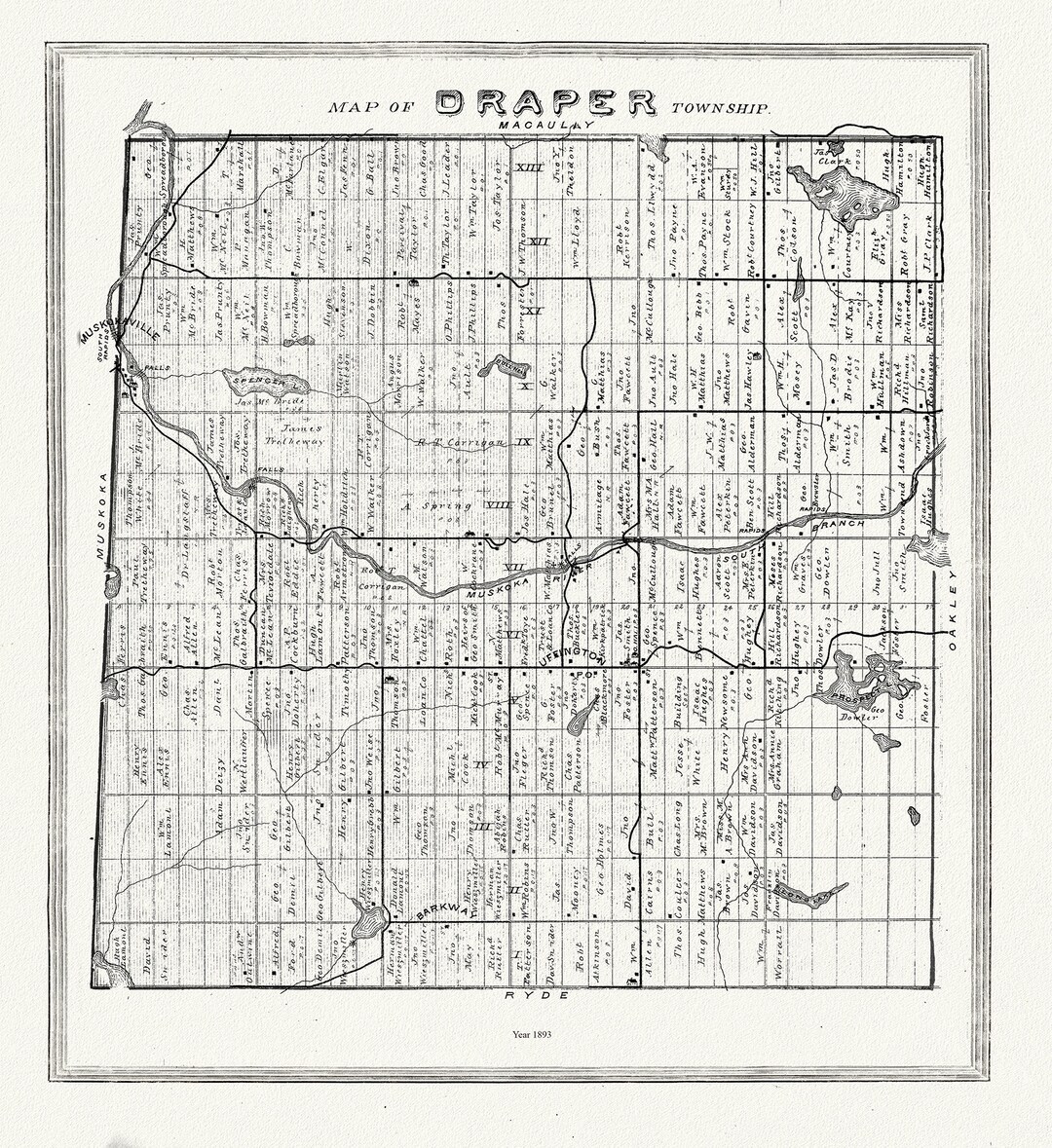 Muskoka-haliburton, Draper Township, 1893, Map on Heavy Cotton Canvas ...