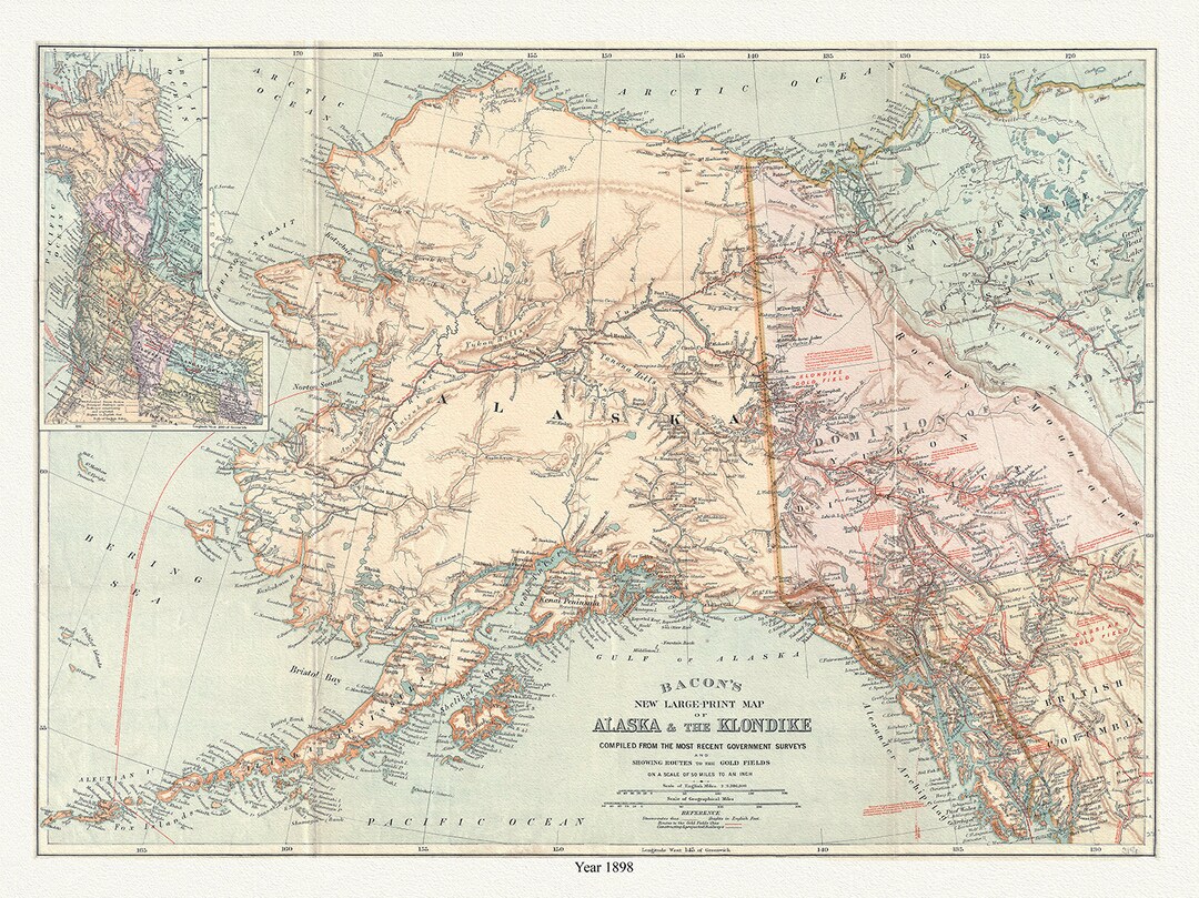 Alaska & the Klondike Showing Routes to the Gold Fields, 1898, Bacon ...