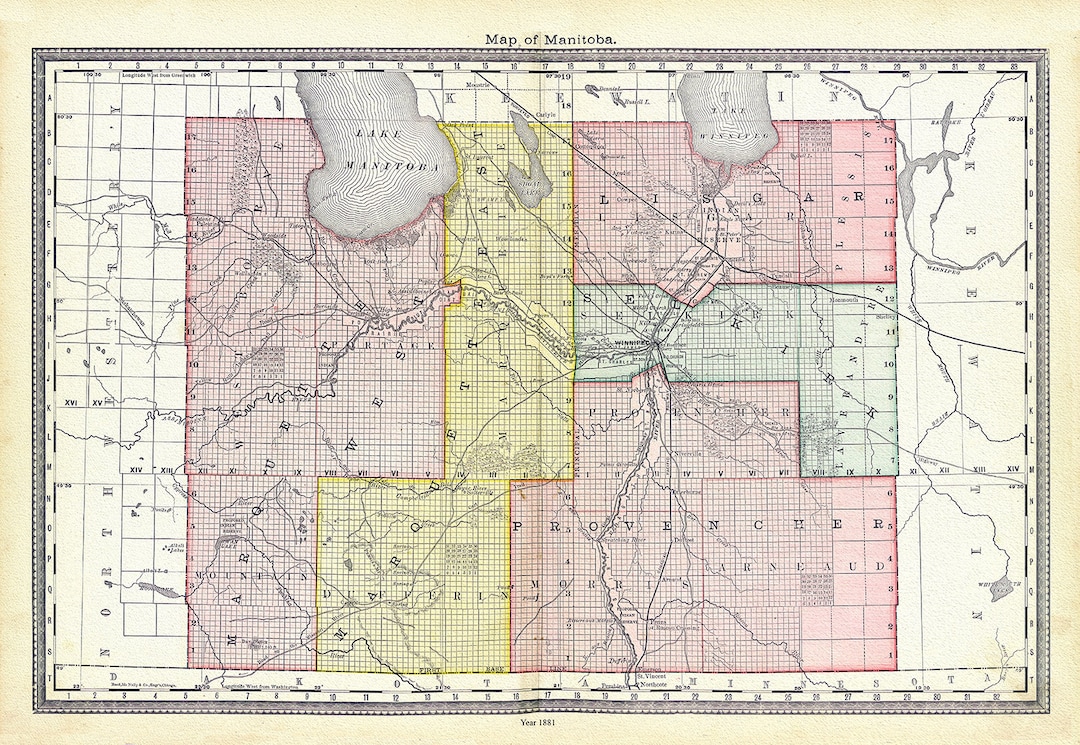 Hardesty, Map of Manitoba, 1881, Map on Heavy Cotton Canvas, 22x27 ...