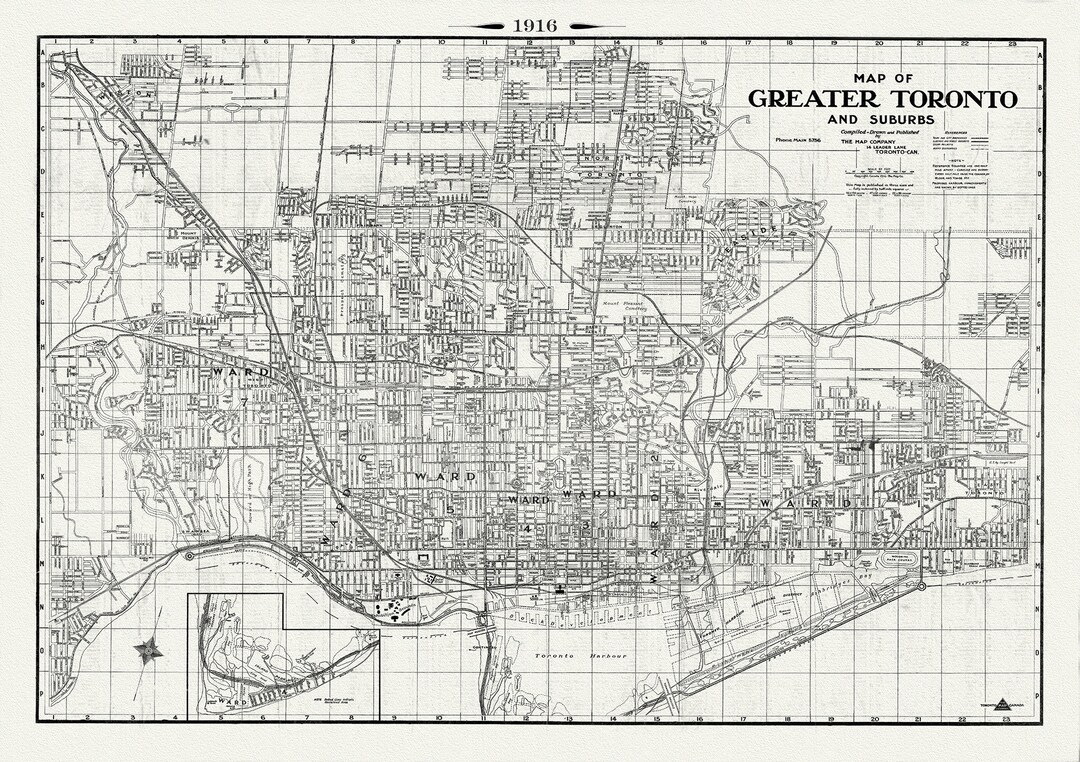 Toronto: Map of Greater Toronto & Suburbs, 1916 , Map on Heavy Cotton ...