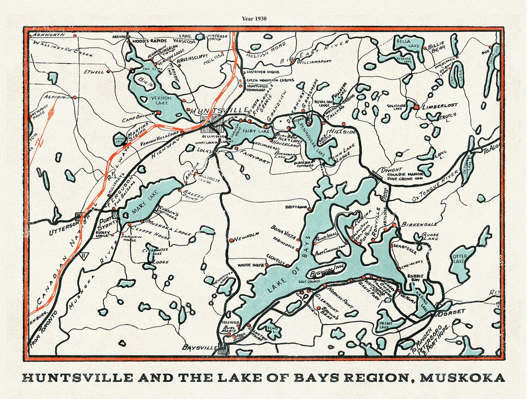 Huntsville and the Lake of Bays Region, 1930 , Map on Durable Cotton ...