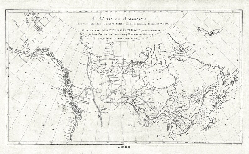 Map of America Showing Mackenzie's Route From Montreal to Ft. Chepewyan ...