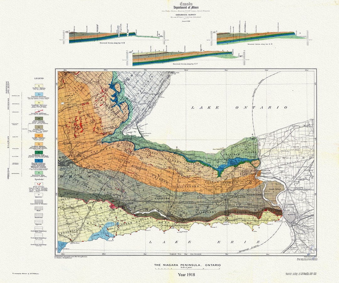 Ontario, Niagara Peninsula, Geological Map, 1918, Map on Durable Cotton ...