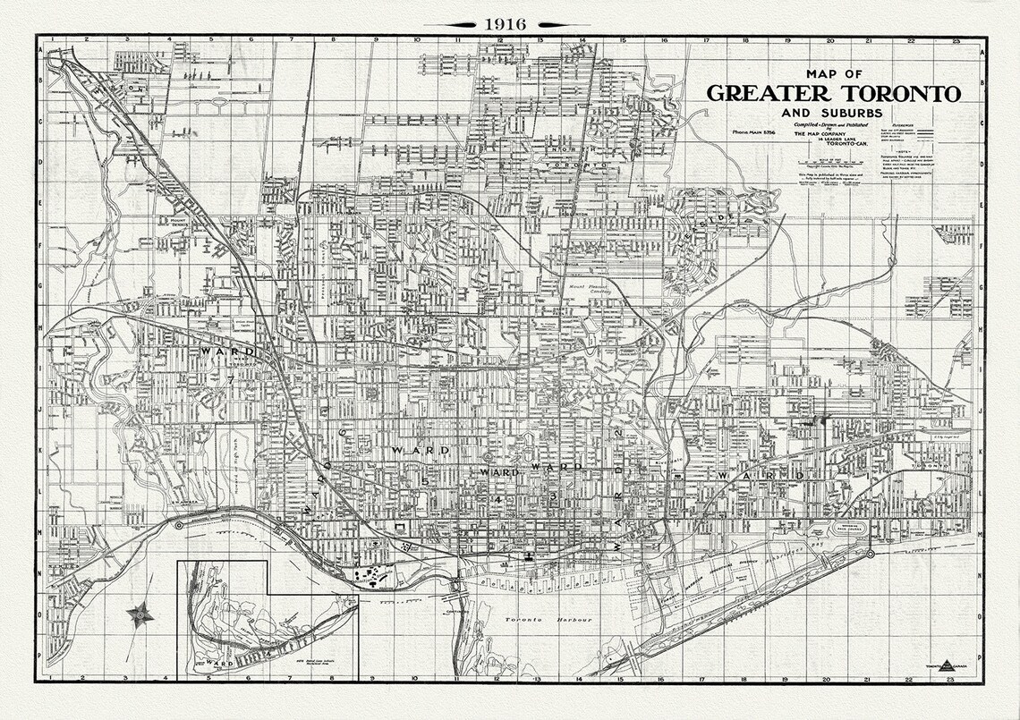 Map of Greater Toronto & Suburbs, 1916 , Map on Heavy Cotton Canvas ...