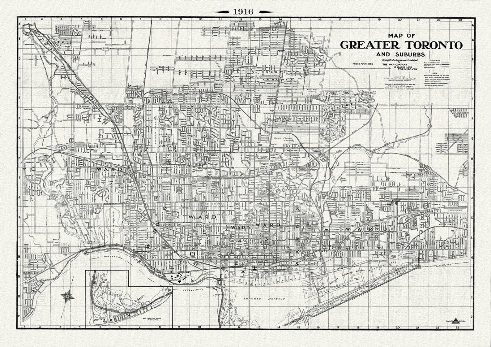Map of Greater Toronto & Suburbs, 1916 , Map on Heavy Cotton Canvas ...
