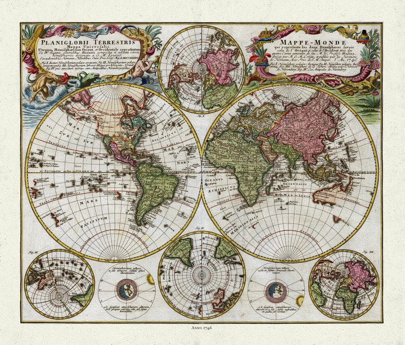 Homann, Mappe-monde, 1746, Map on Heavy Cotton Canvas, 22x27in. Approx ...